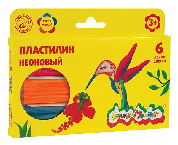 Пластилин восковой Каляка-Маляка неоновый 6 цветов 90 г, со стеком ...