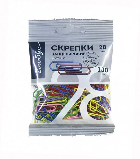 Скрепки ГЛОБУС 28 мм 100 шт., классические с цветным полимерным ...